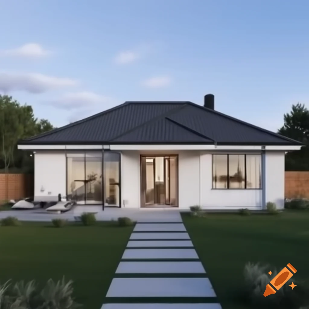 Modern single-story house with gable roof and open living space on Craiyon