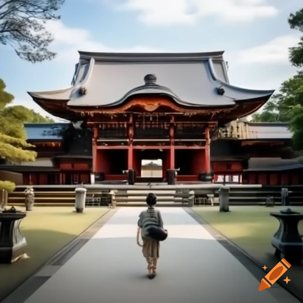 Traveler exploring serene grounds of ancient Shinto shrine on Craiyon
