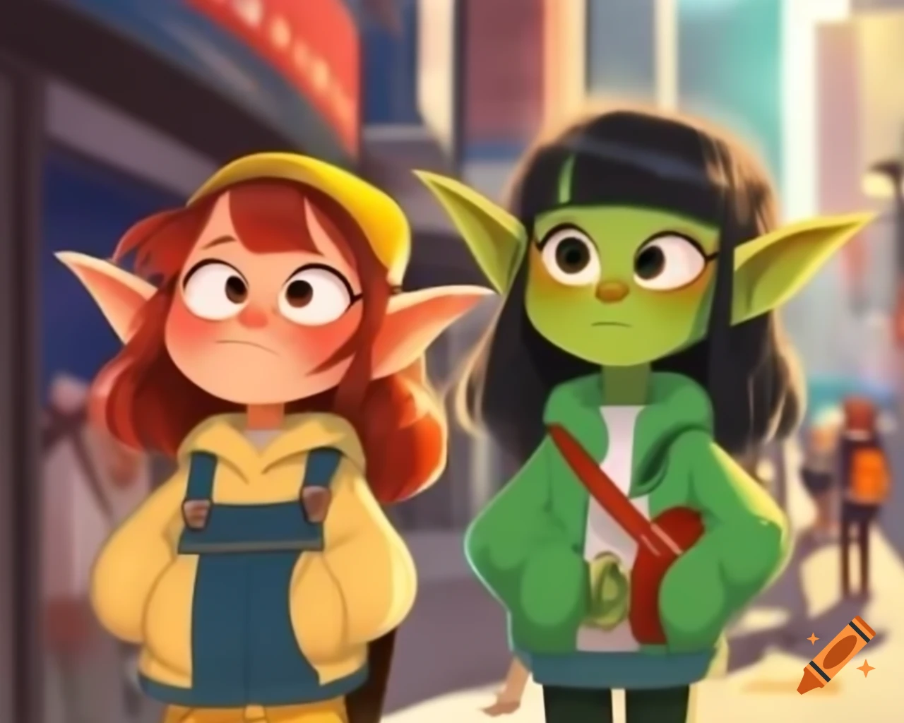 Two green-skinned goblin girls in streetwear exploring a busy city on ...