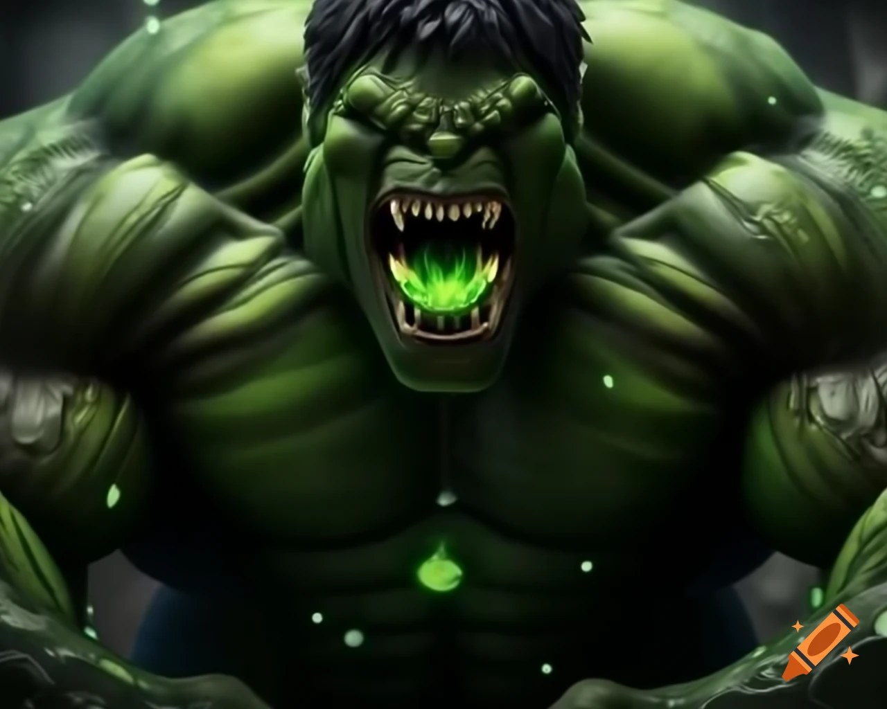 Bodybuilder transformed into giant muscular hulk monster with glowing ...