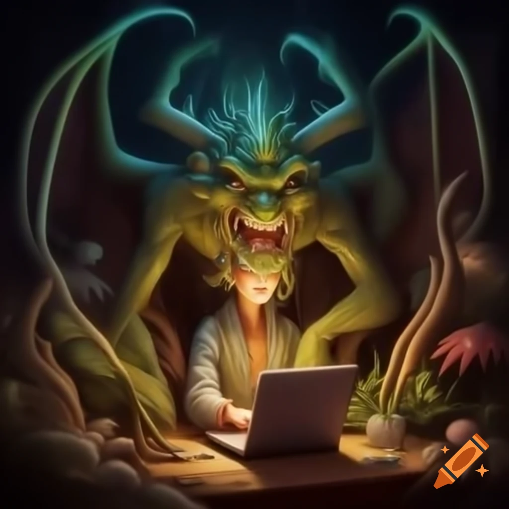 Monstrous creature writing obsessively on laptop in cave surrounded by ...