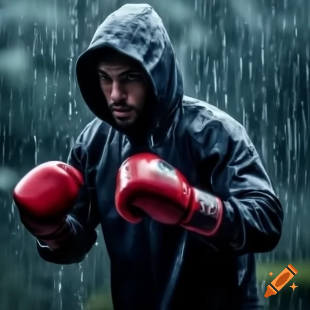 Boxer training outdoors in the rain wearing a hoodie on Craiyon