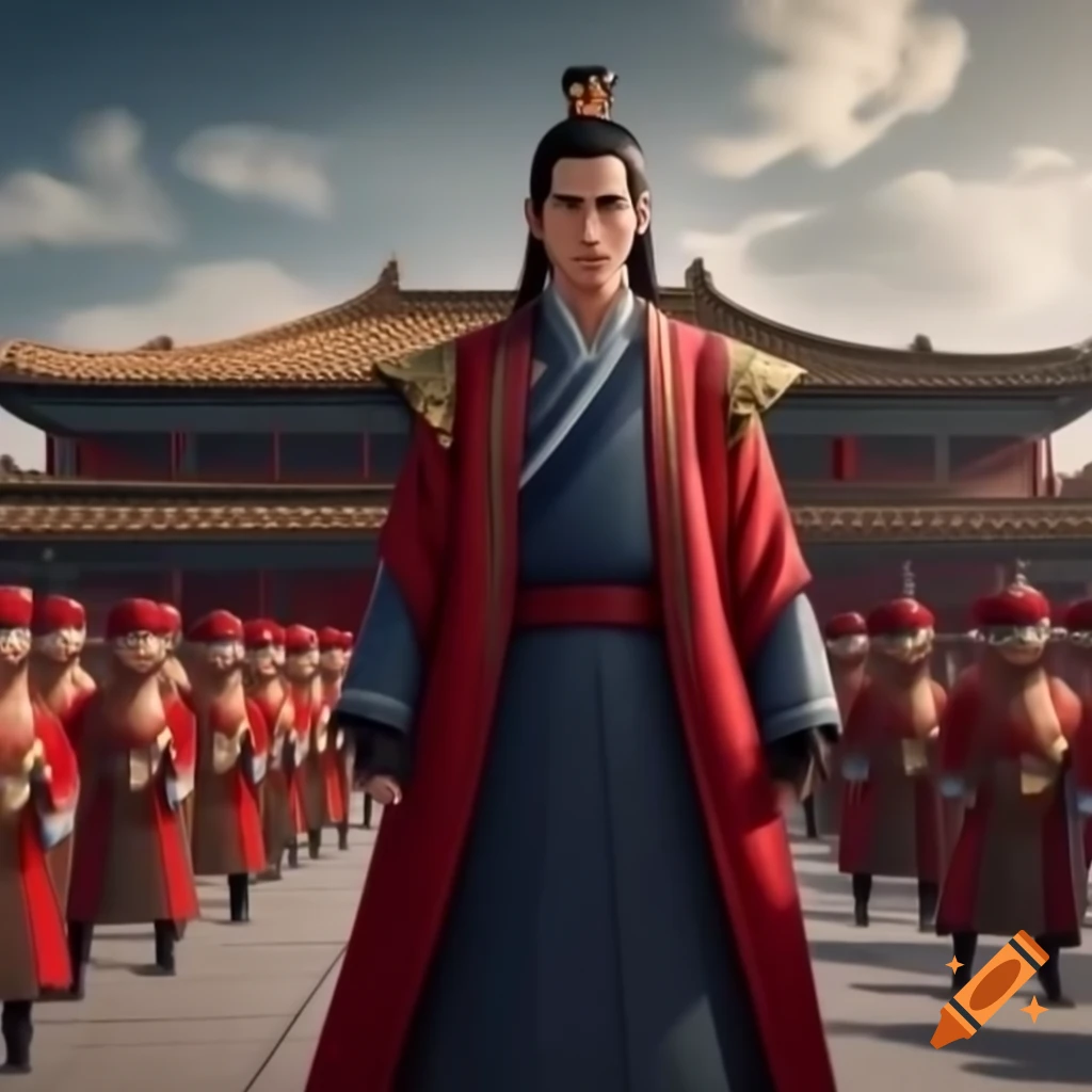 Man in Han Dynasty imperial robes holding golden sword in front of ...