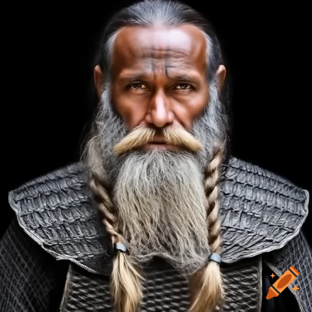 Portrait of a dwarf with braided silver-beaded beard in chainmail on Craiyon