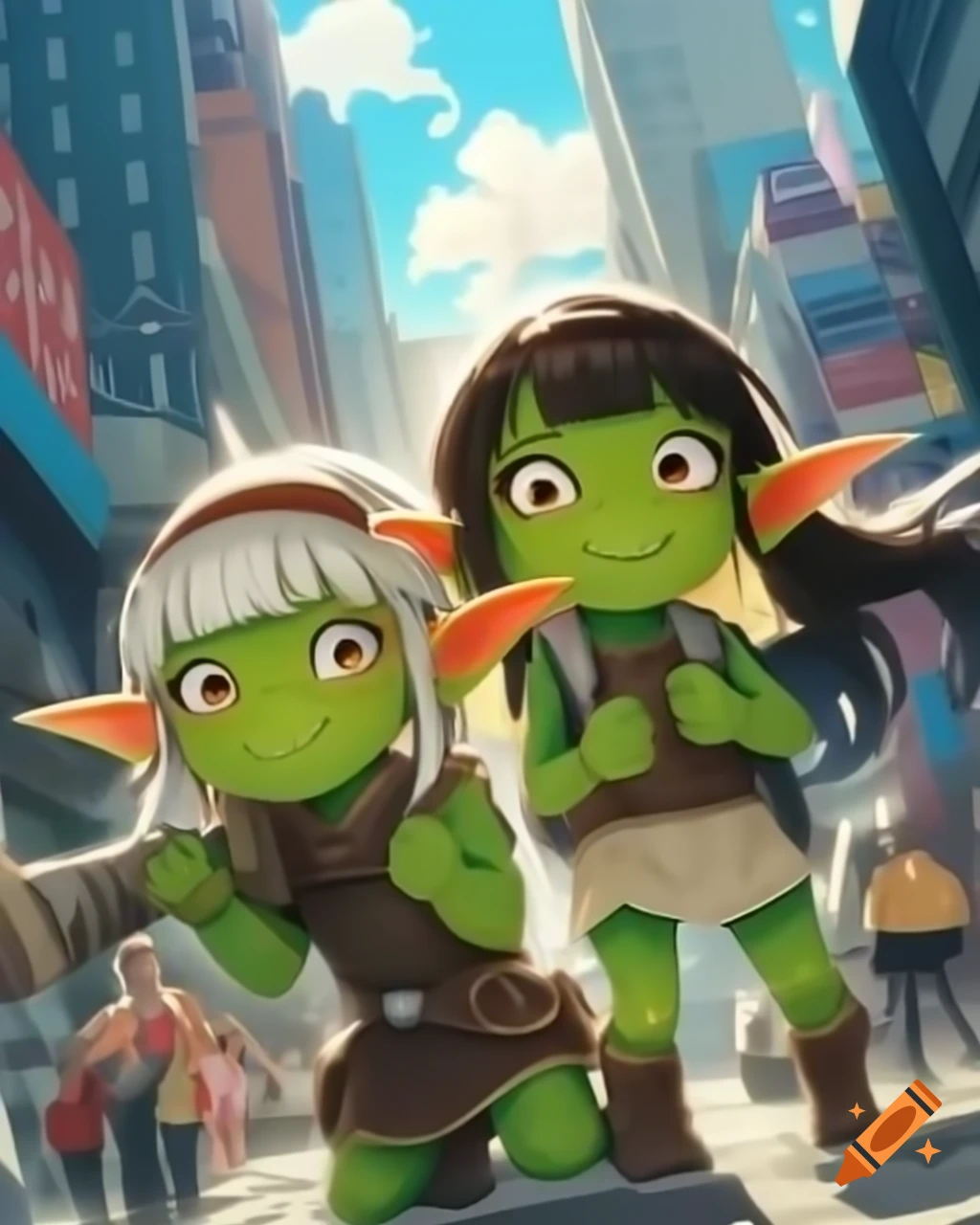 Two green-skinned goblin girls exploring a busy city in anime style on ...