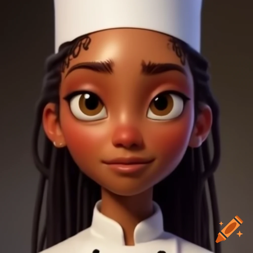 Animated chef character with medium brown skin and black braids in ...