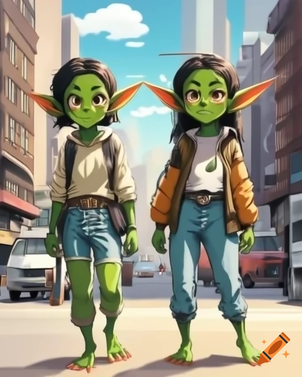 Two green-skinned goblin girls in streetwear exploring busy city on Craiyon