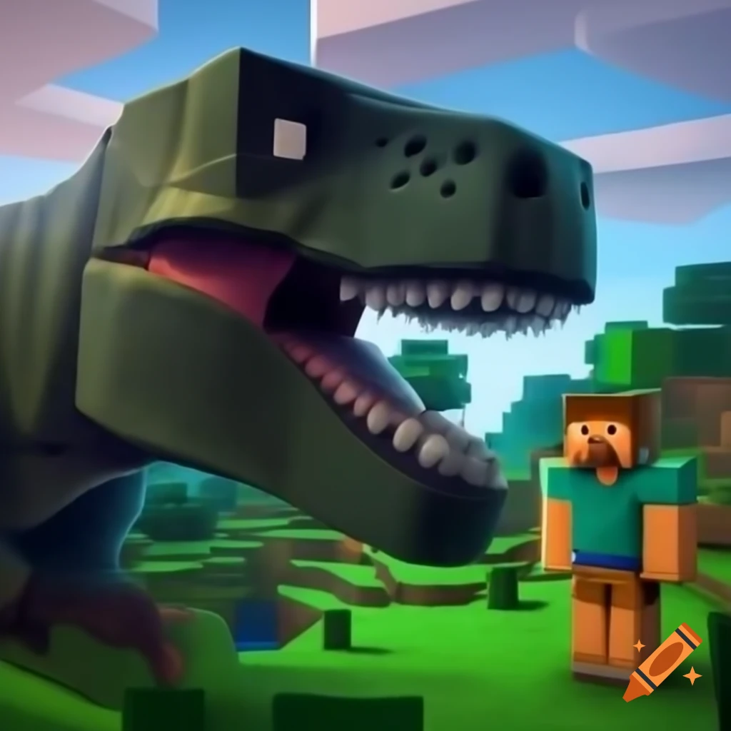 Minecraft scene themed with prehistoric dinosaurs and cavemen on Craiyon