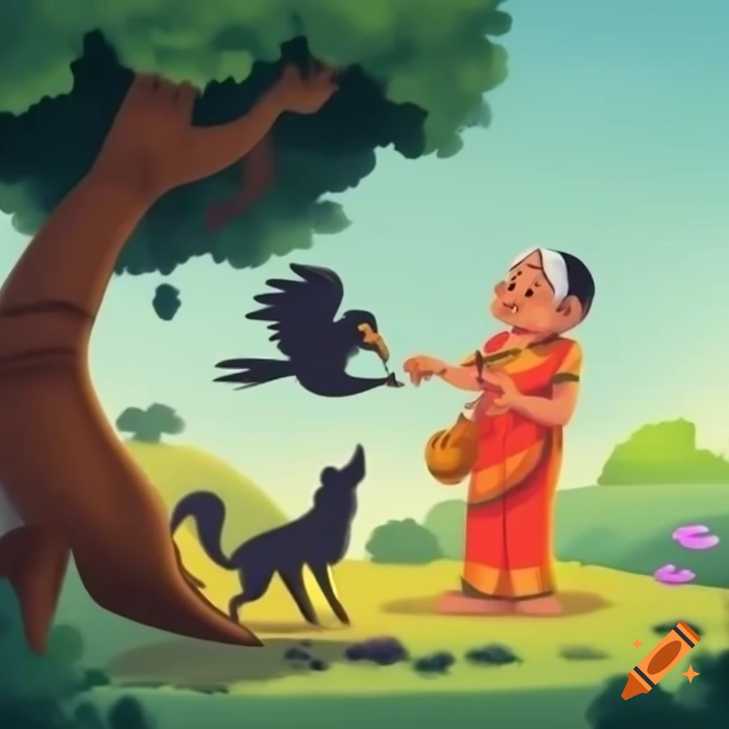 Cartoon illustration of Tamil grandmother making vadai with crow and ...