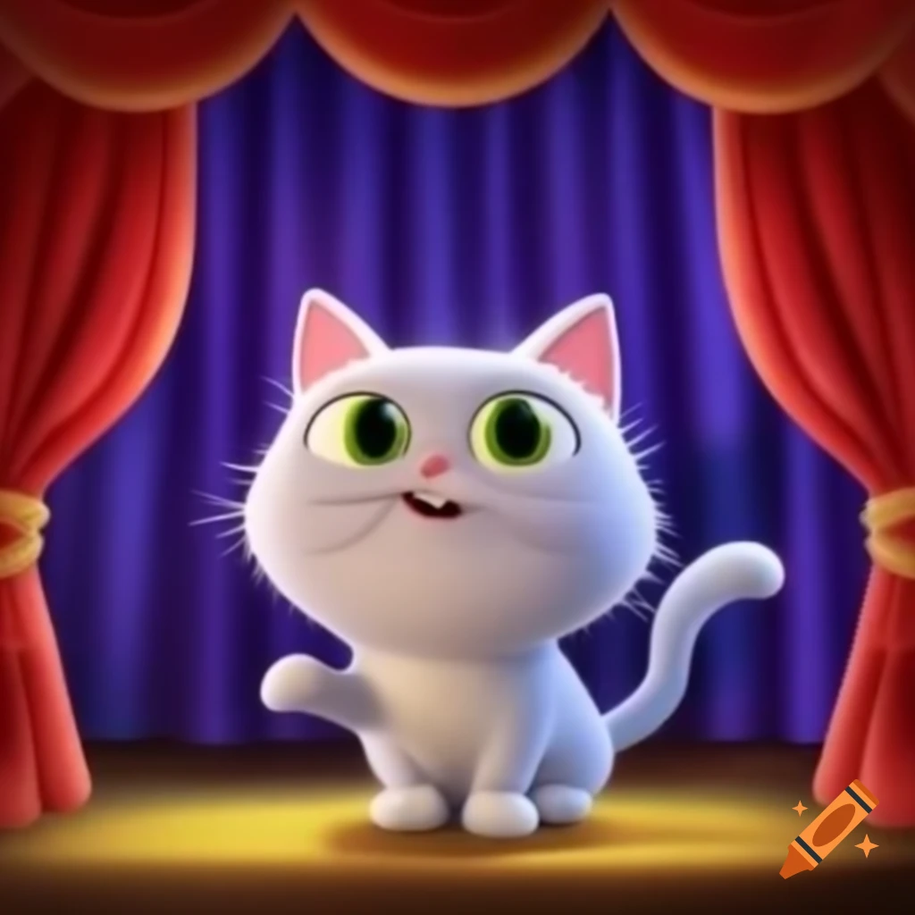 Mischievous kitten peeking from behind curtains in colorful cartoon theatre on Craiyon