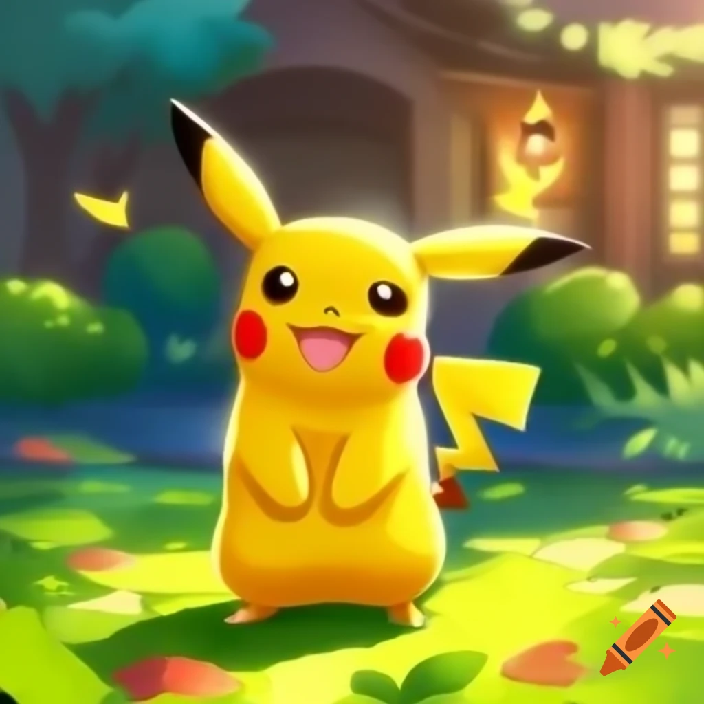 Pikachu smiling in a vibrant garden setting on Craiyon