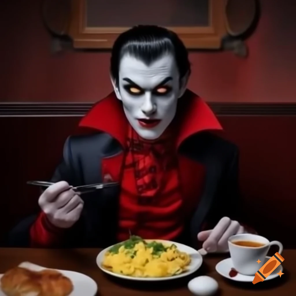 Male vampire enjoying scrambled eggs and baked beans for breakfast with ...