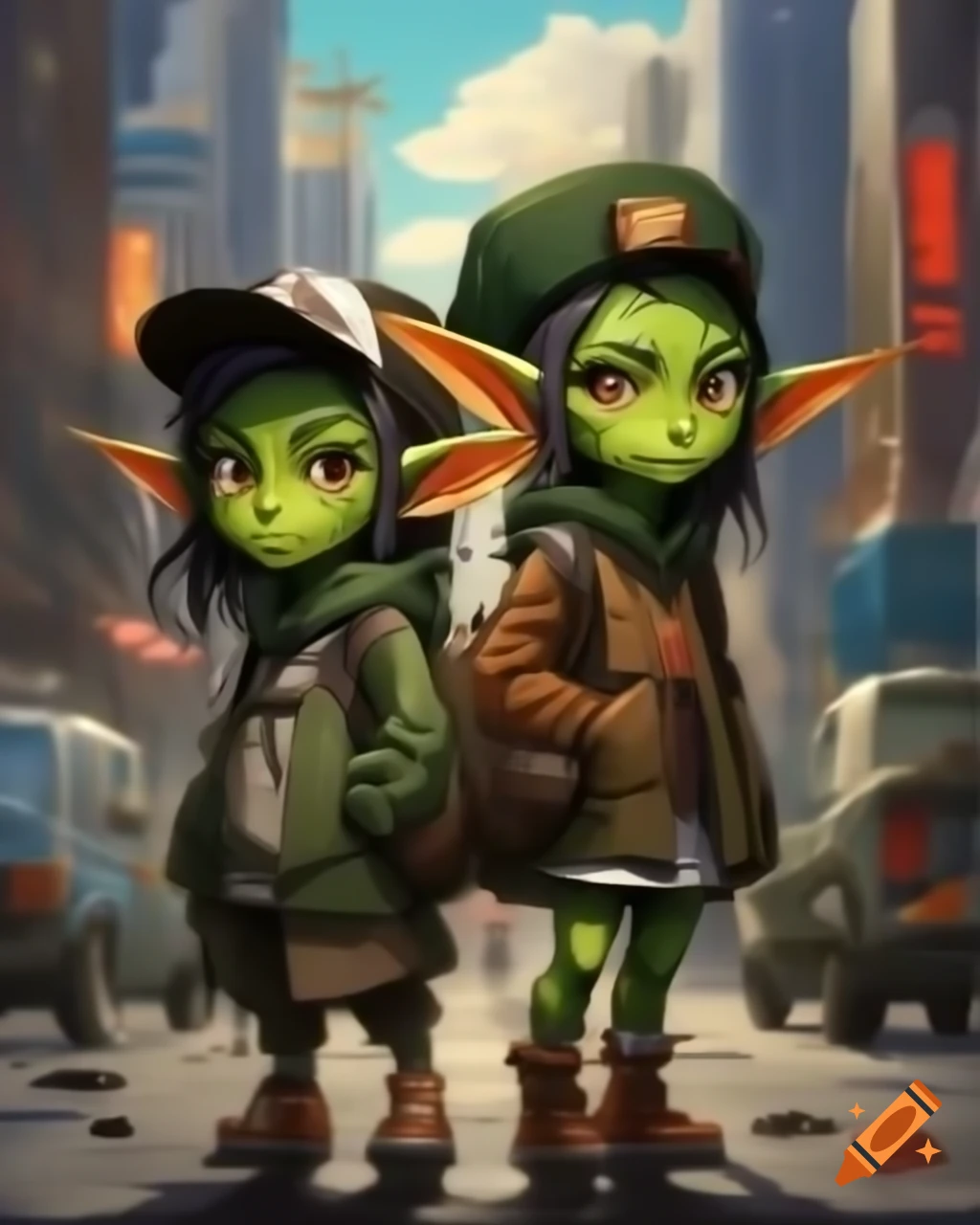 Two green-skinned goblin girls in streetwear exploring a busy city on ...