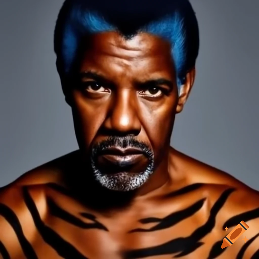 Denzel Washington with tiger-style makeup featuring blue hair and ...