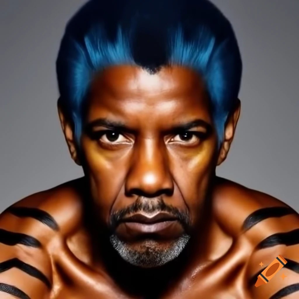 Muscular Denzel Washington with tiger-style makeup featuring blue hair ...