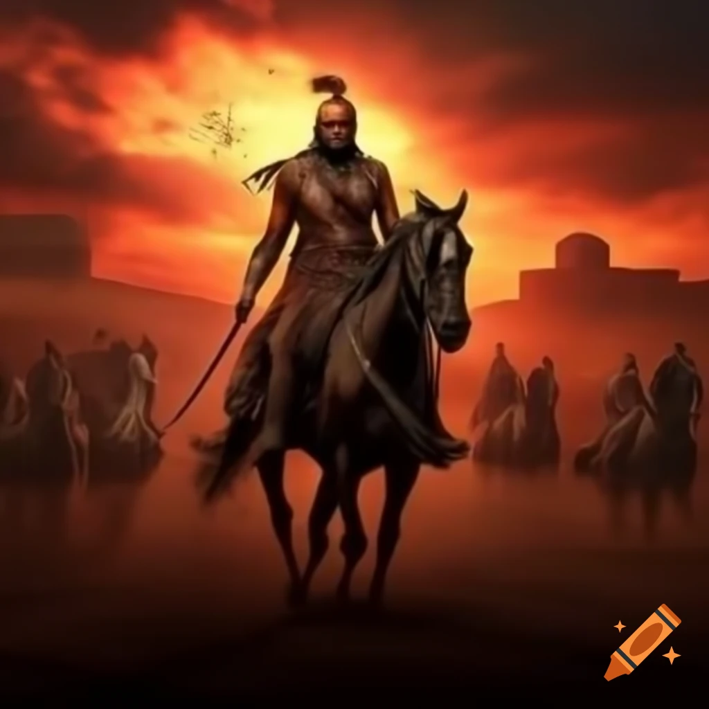 Rajput warrior on horseback holding sword in dusty battlefield with ...