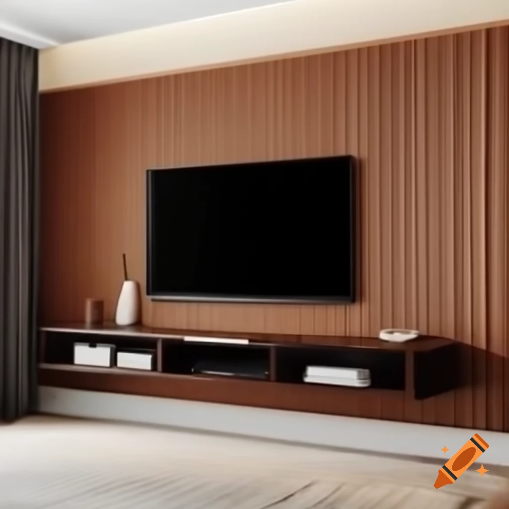 TV feature wall with acoustic wood panelling and recessed shelves on ...