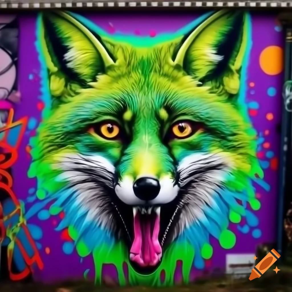 Green fox face street art with psychedelic splatter paint on Craiyon