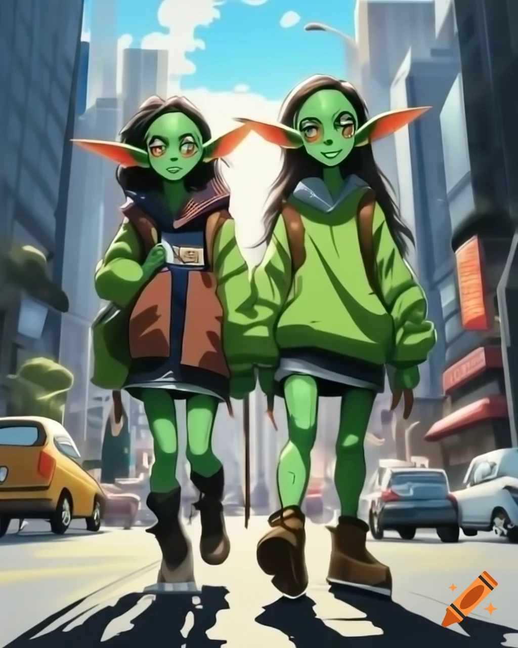 Green-skinned goblin girls in streetwear exploring a busy city on Craiyon
