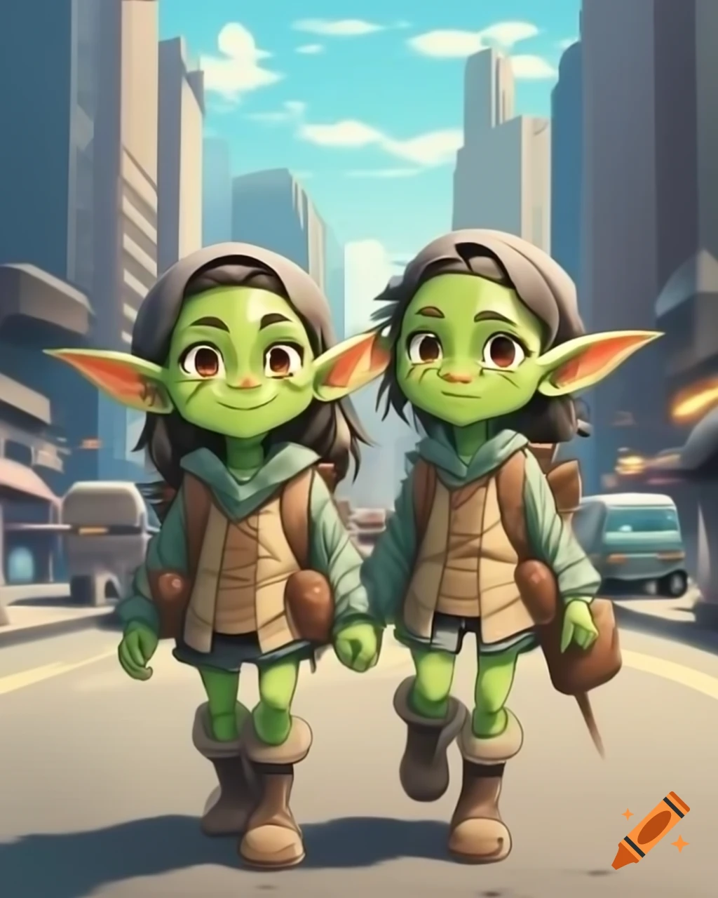 Two green-skinned goblin girls exploring a busy city on Craiyon