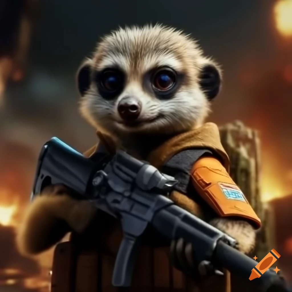 Meerkat in tactical gear holding gun in action pose within game chaos ...