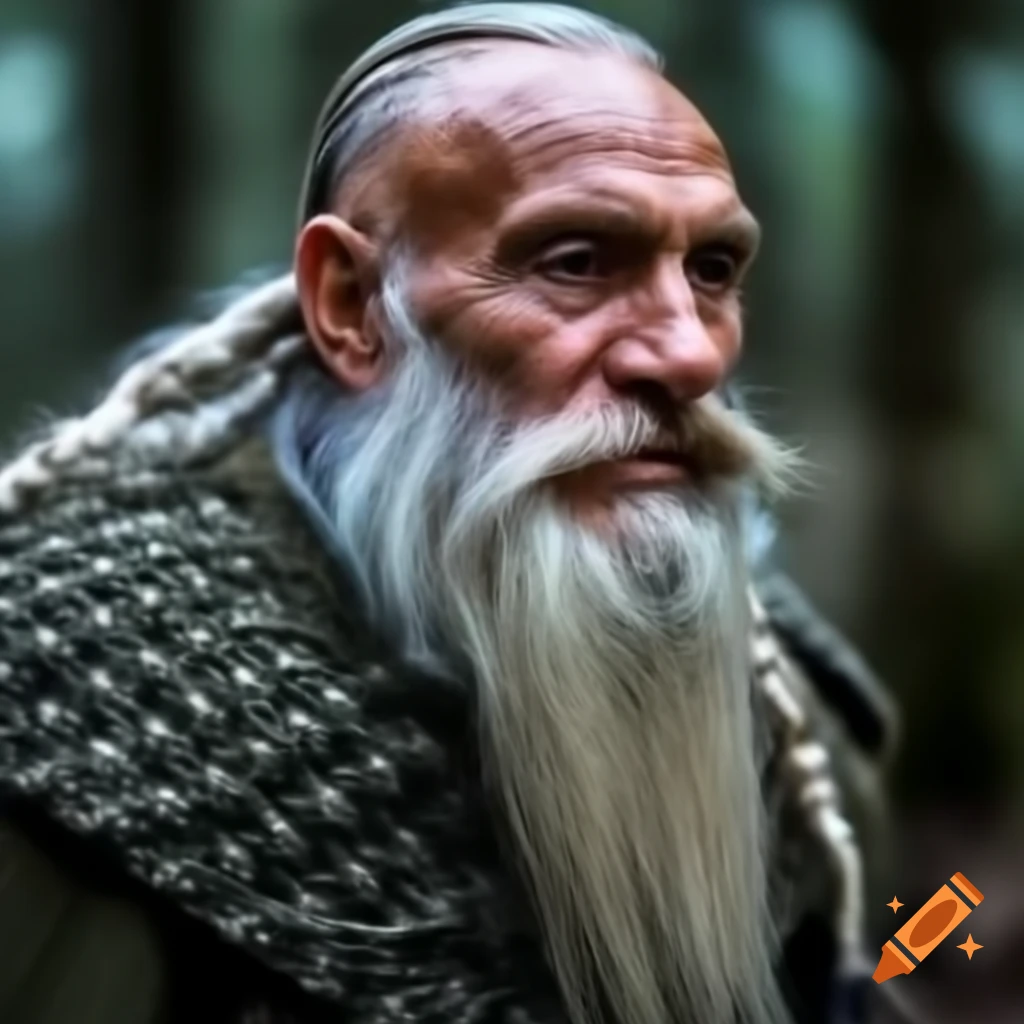 Dwarf with braided white beard in chainmail, blurry forest backdrop on ...
