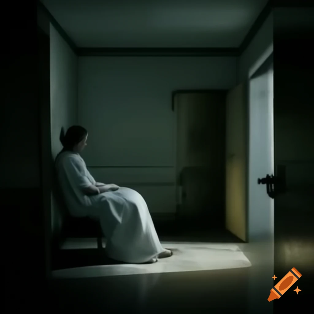 Quiet woman in patient gown in stark psychiatric room with dim lighting ...