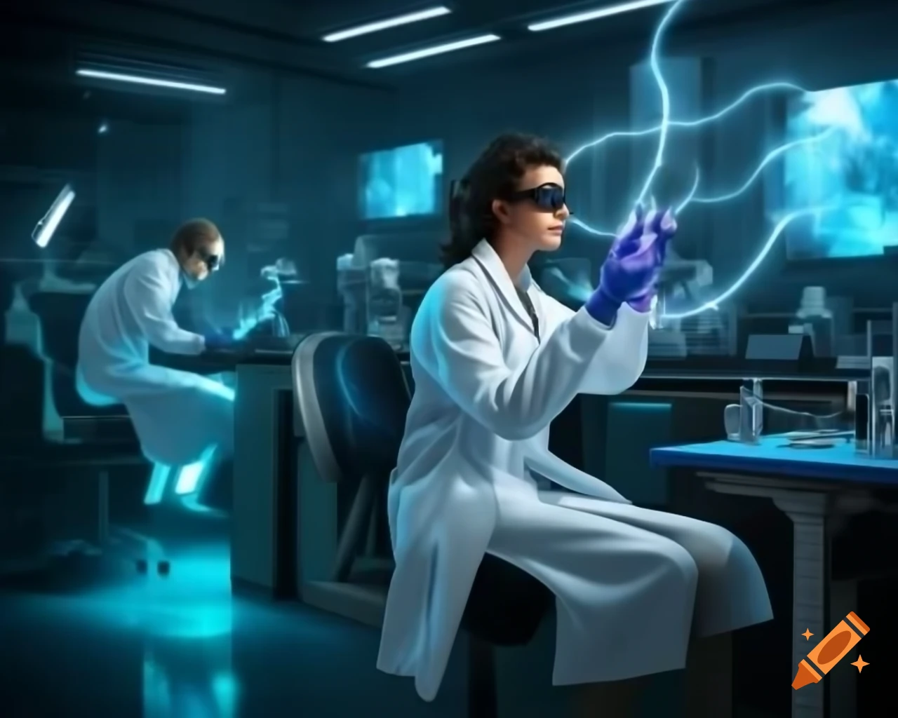 Woman in futuristic lab with holographic projection, hyperrealistic 3D ...