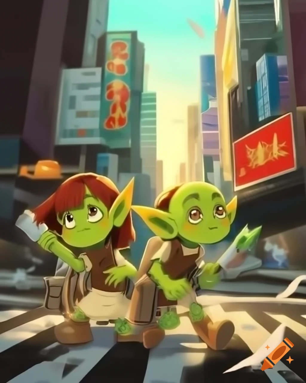 Two green-skinned goblin girls exploring a busy city in anime style on ...