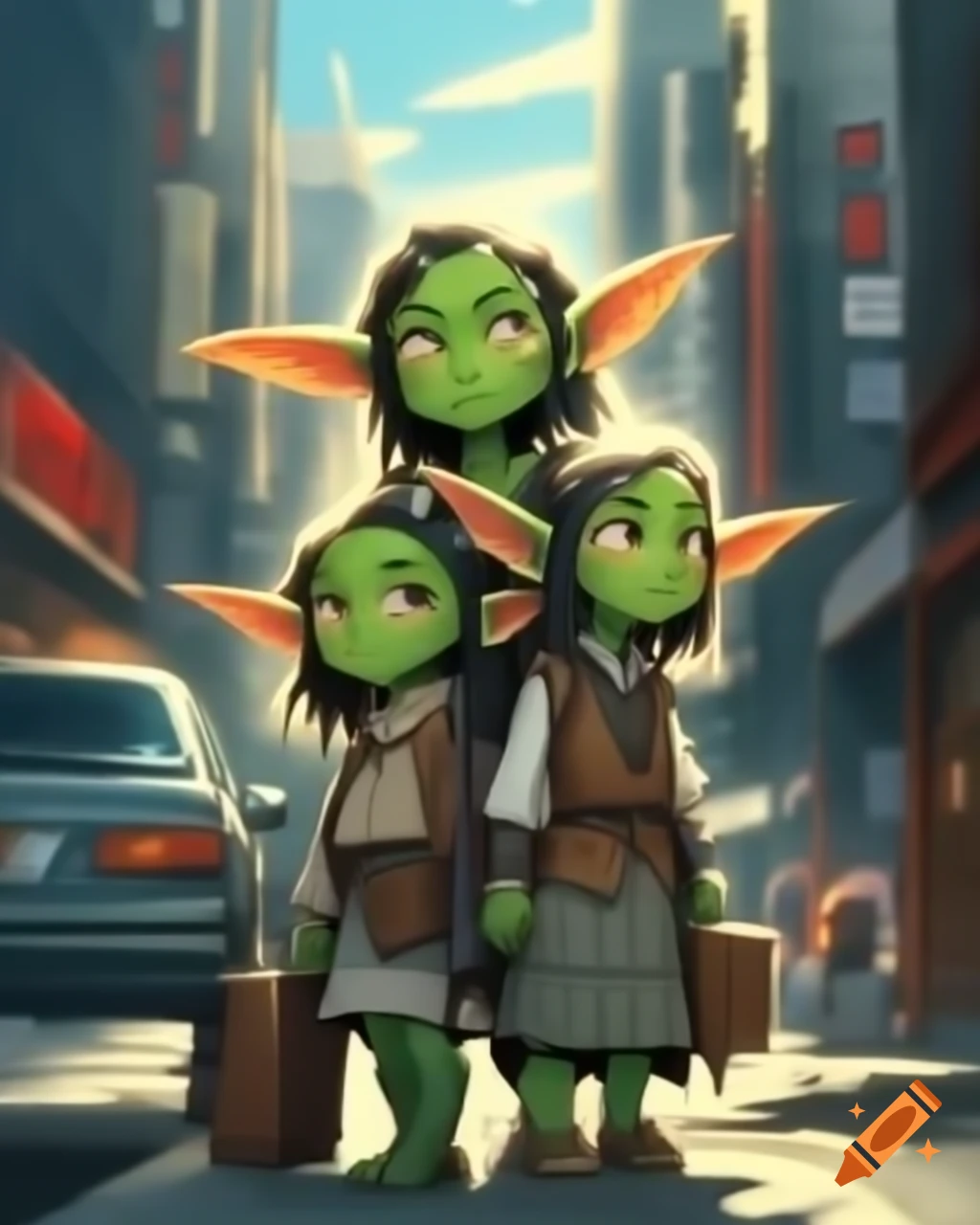 Green-skinned goblin girls exploring busy city in anime style on Craiyon