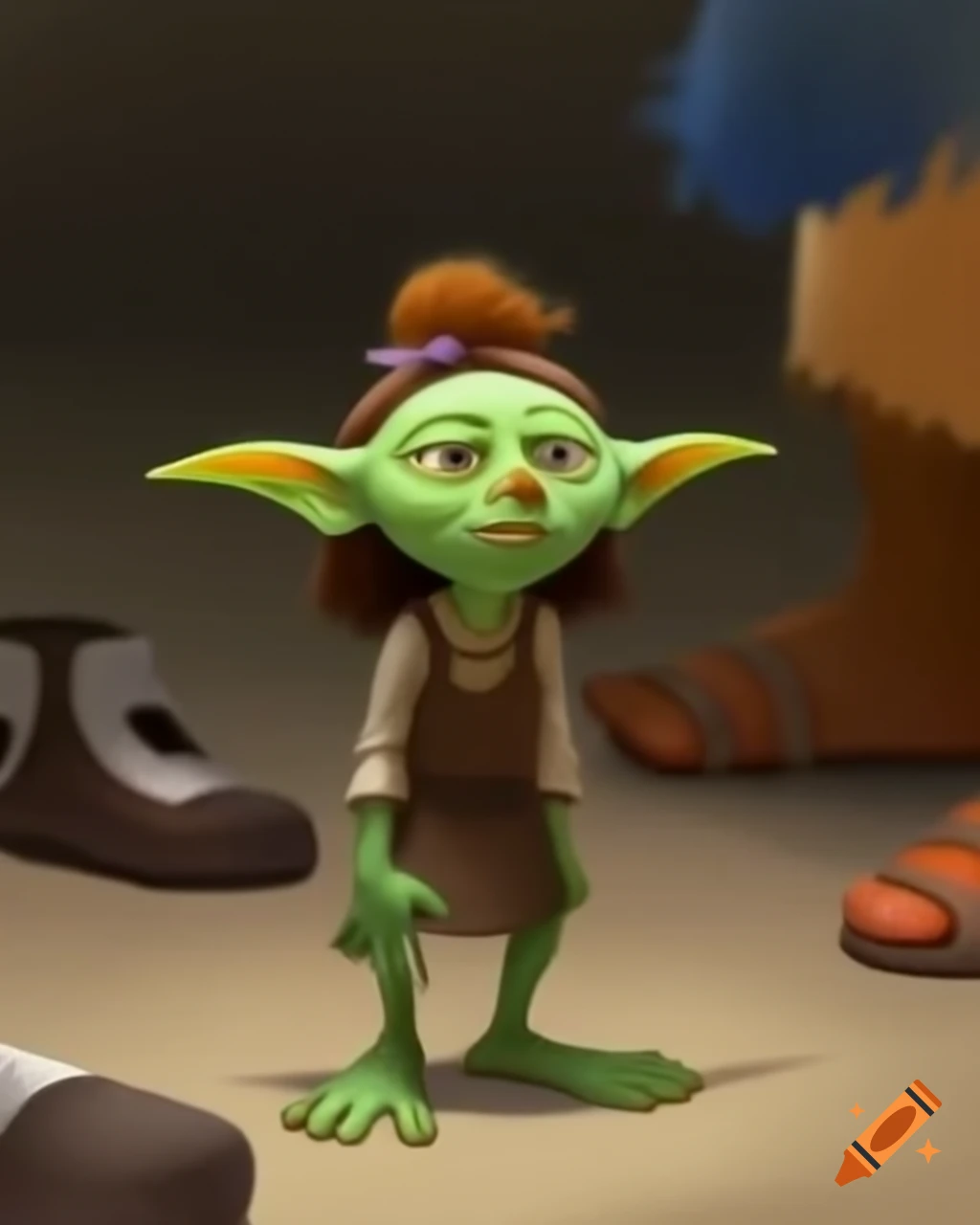 Confused green-skinned goblin girl looking at shoes in anime style on ...
