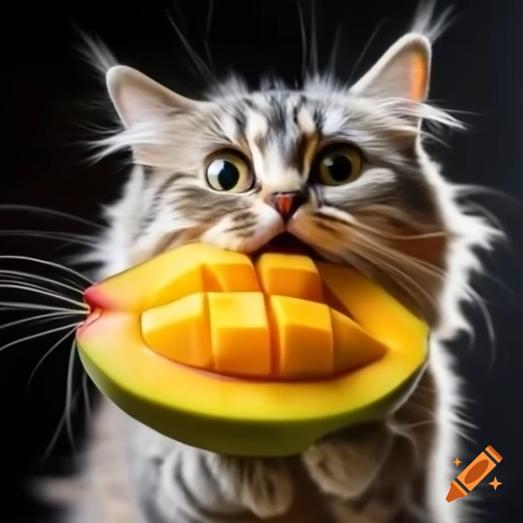 Fluffy cat enjoying mango slice with nectar drips on Craiyon