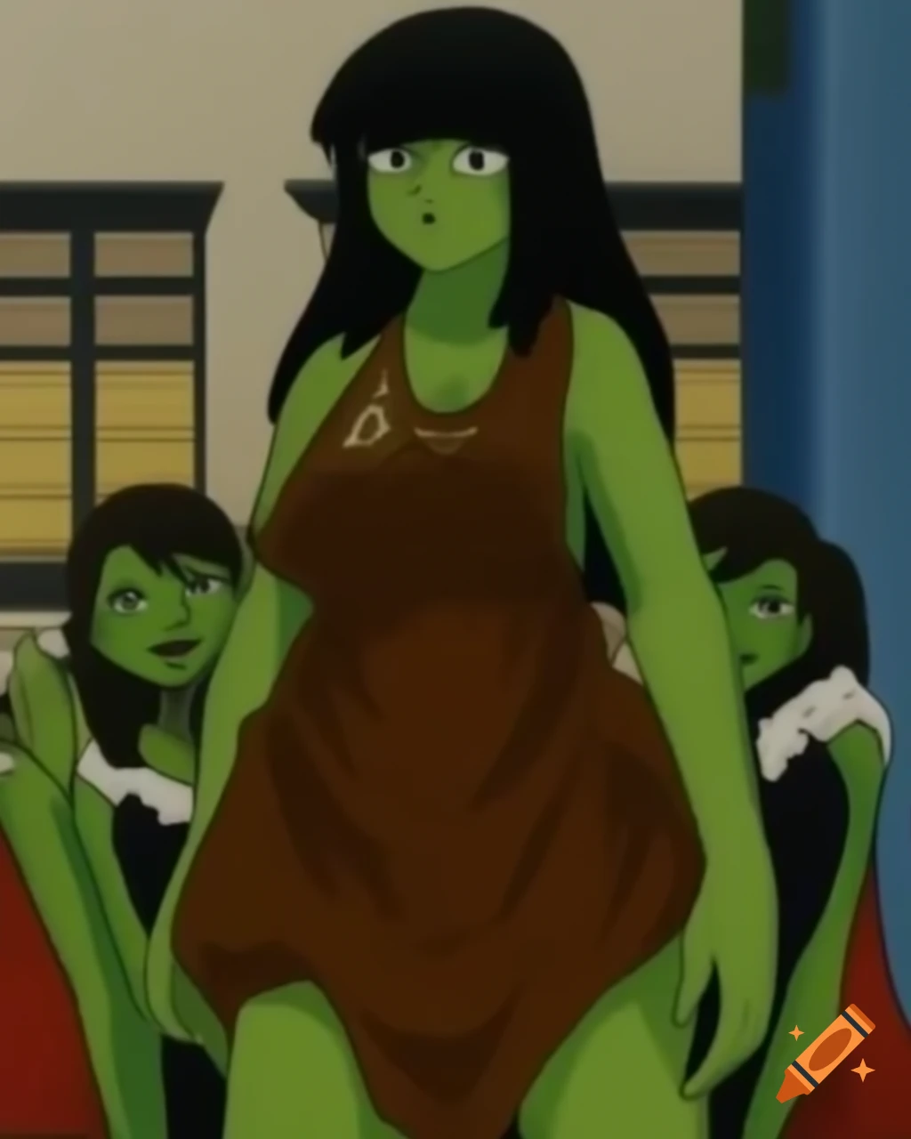 Green-skinned goblin in tattered dress speaking to students outside ...