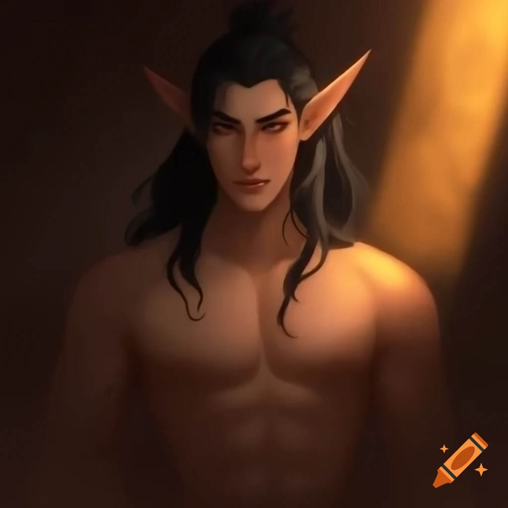 Character Kael smirking as Gabriel expresses attraction, showcasing agile muscular build on Craiyon