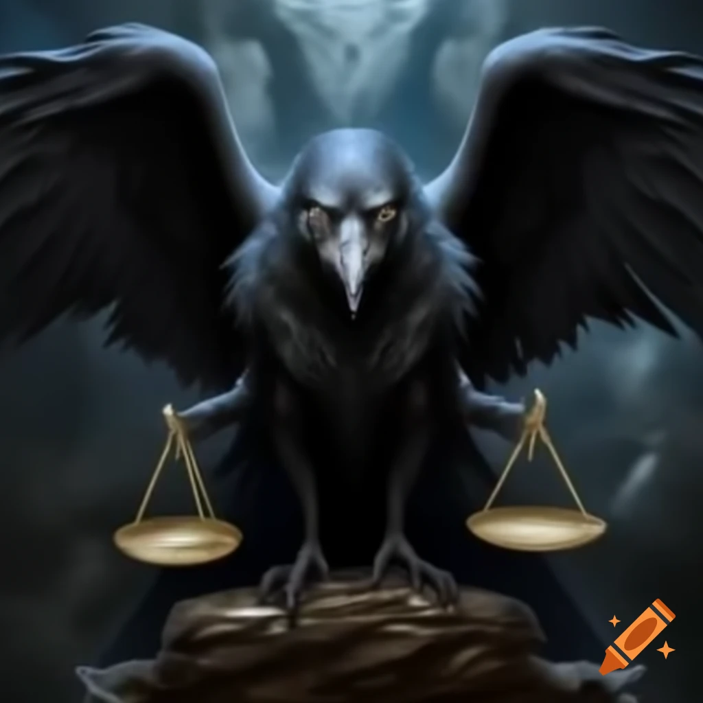 Raven with wings open holding Libra symbol and rugged wolf's head on ...