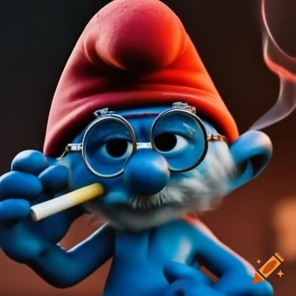 Papa Smurf in red hat and sunglasses, relaxed vibe on Craiyon