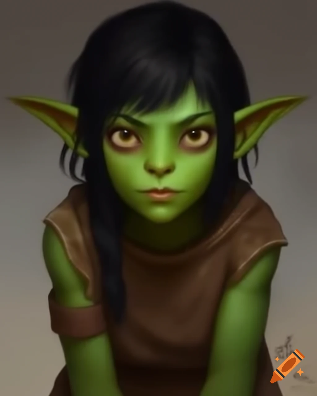 Cheeky green-skinned goblin in tattered dress posing at viewer, anime ...