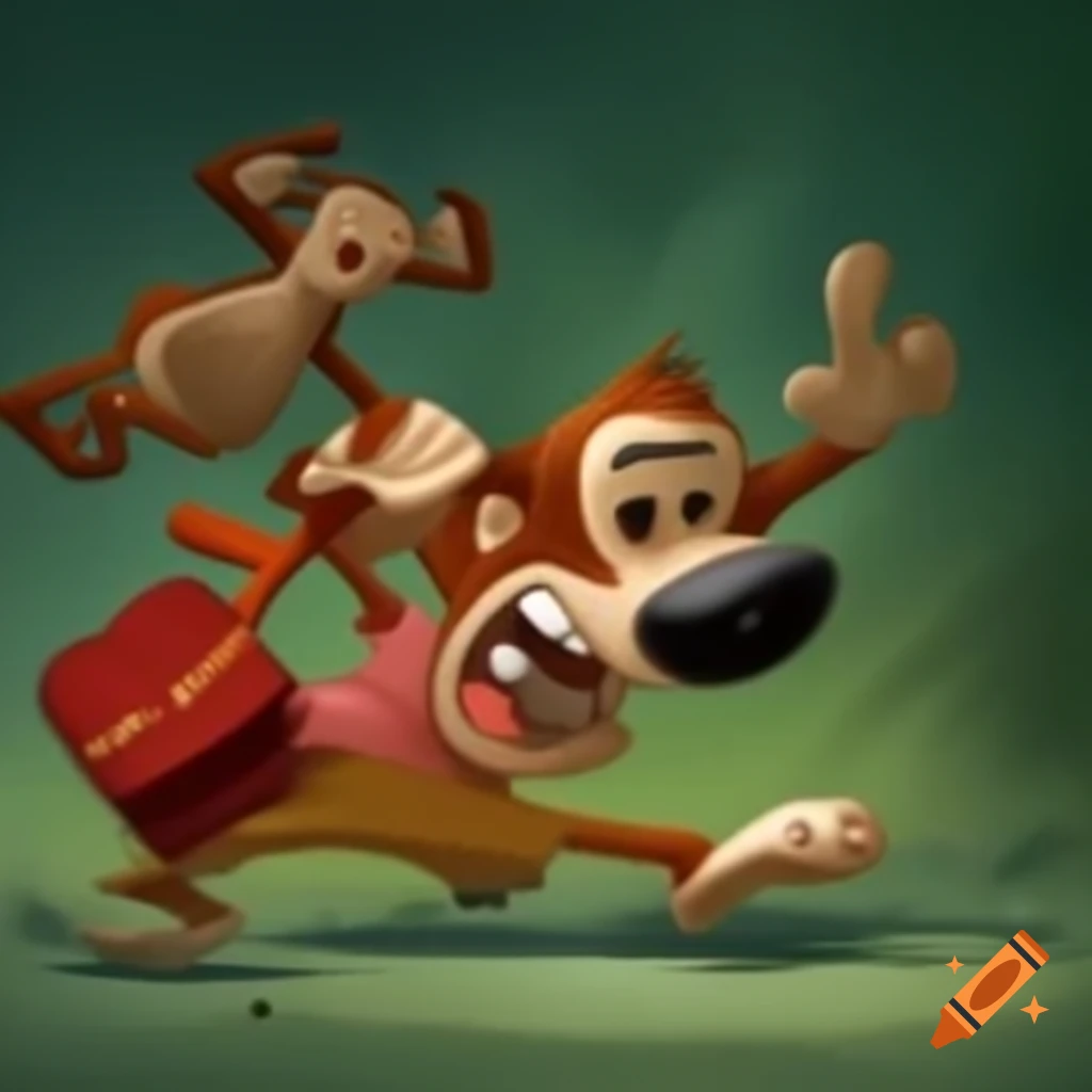 Cartoon dog confronting monkey dropping handbag in dramatic action on Craiyon