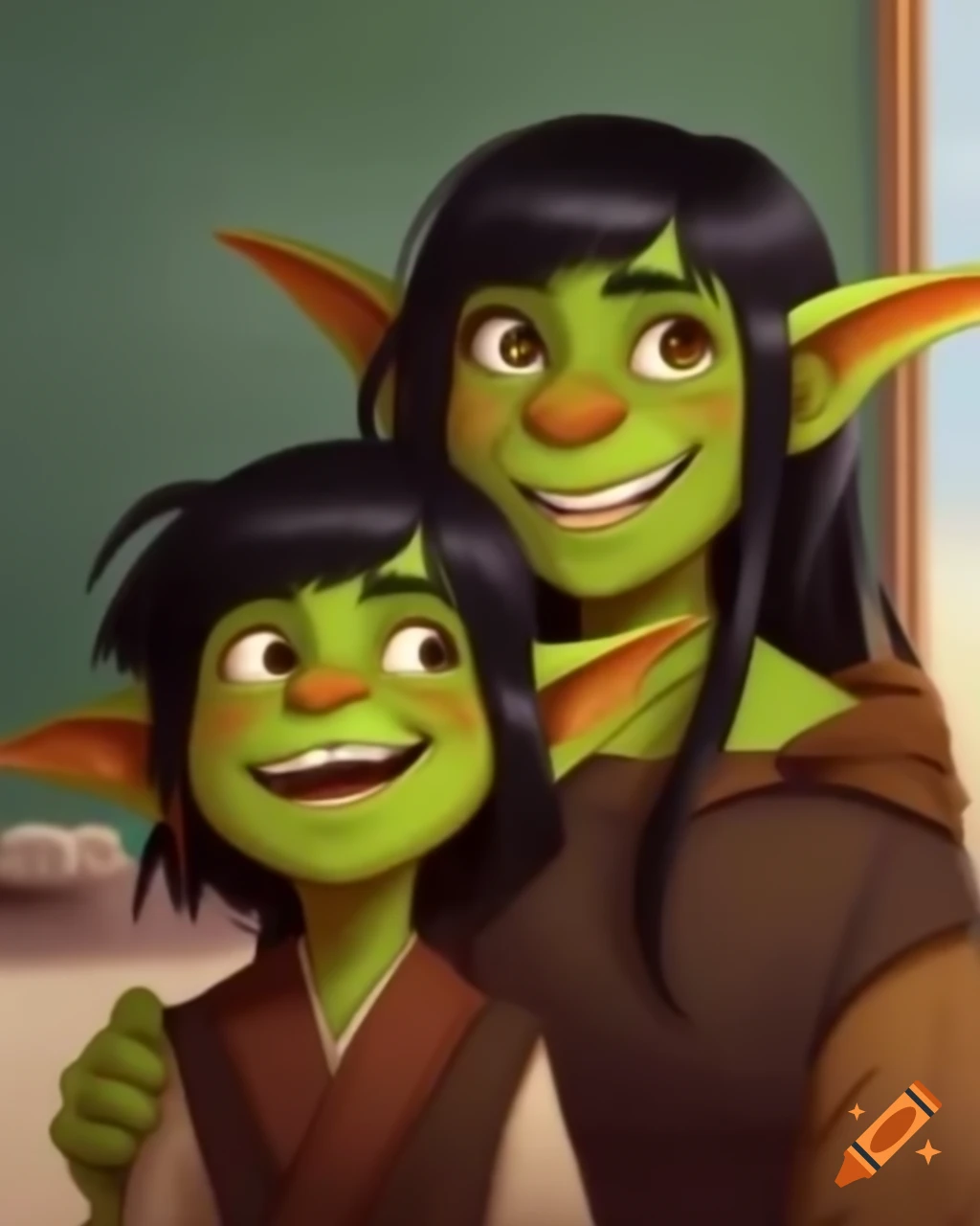 Cheerful green-skinned goblin with black hair and friend in front of a ...