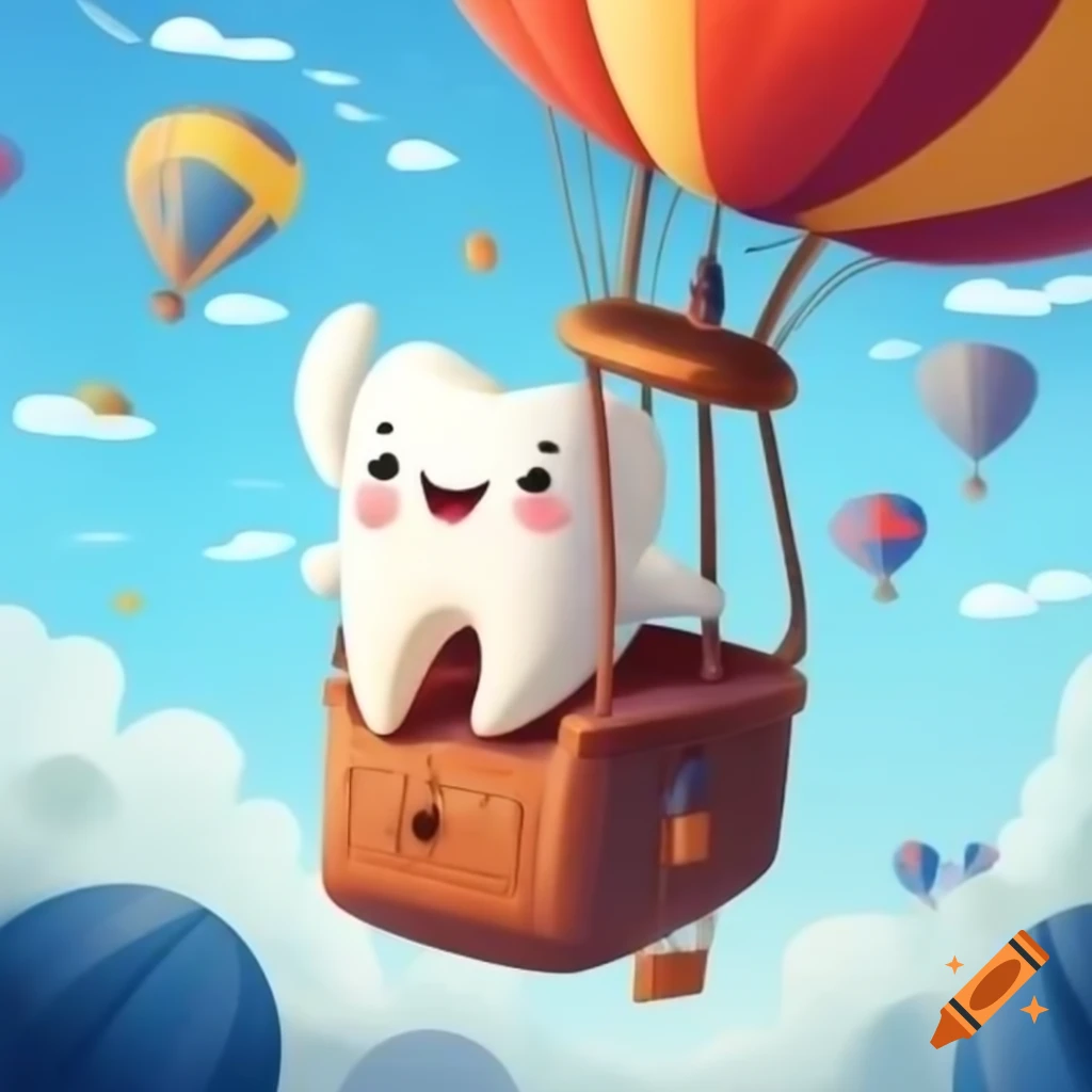 Smiling tooth in a hot air balloon against a bright sky on Craiyon