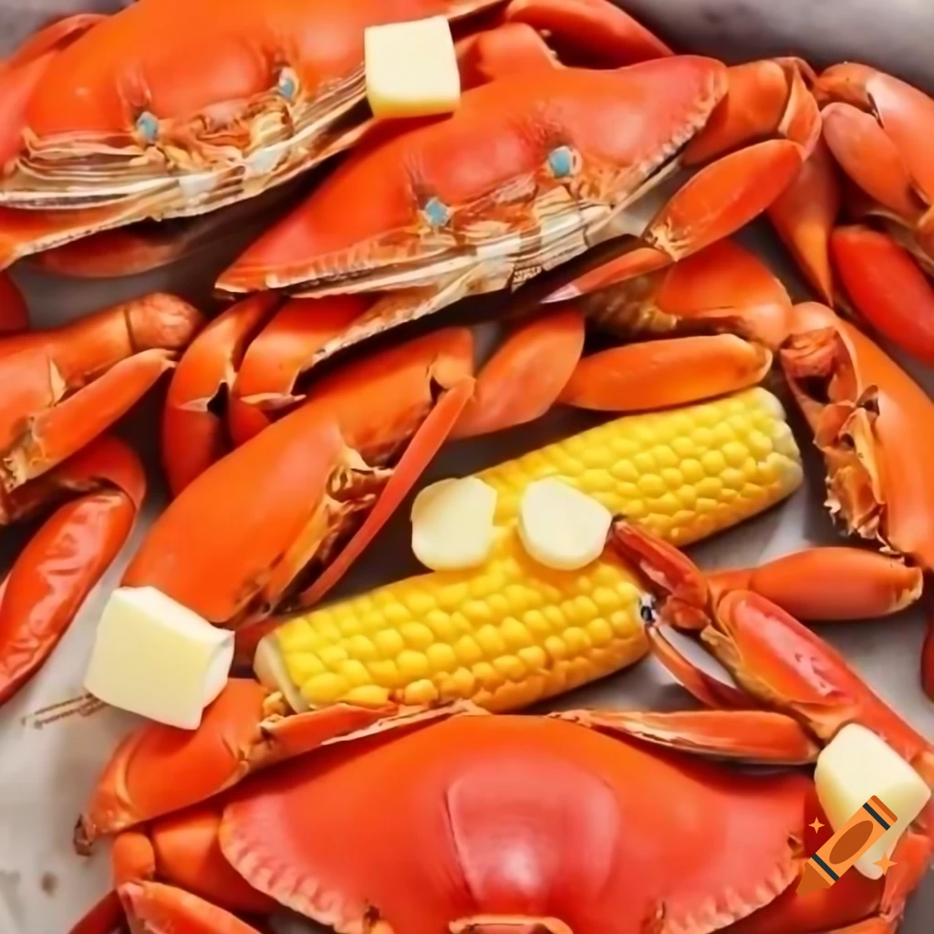 Cooked crabs served with corn on the cob and melted butter on Craiyon