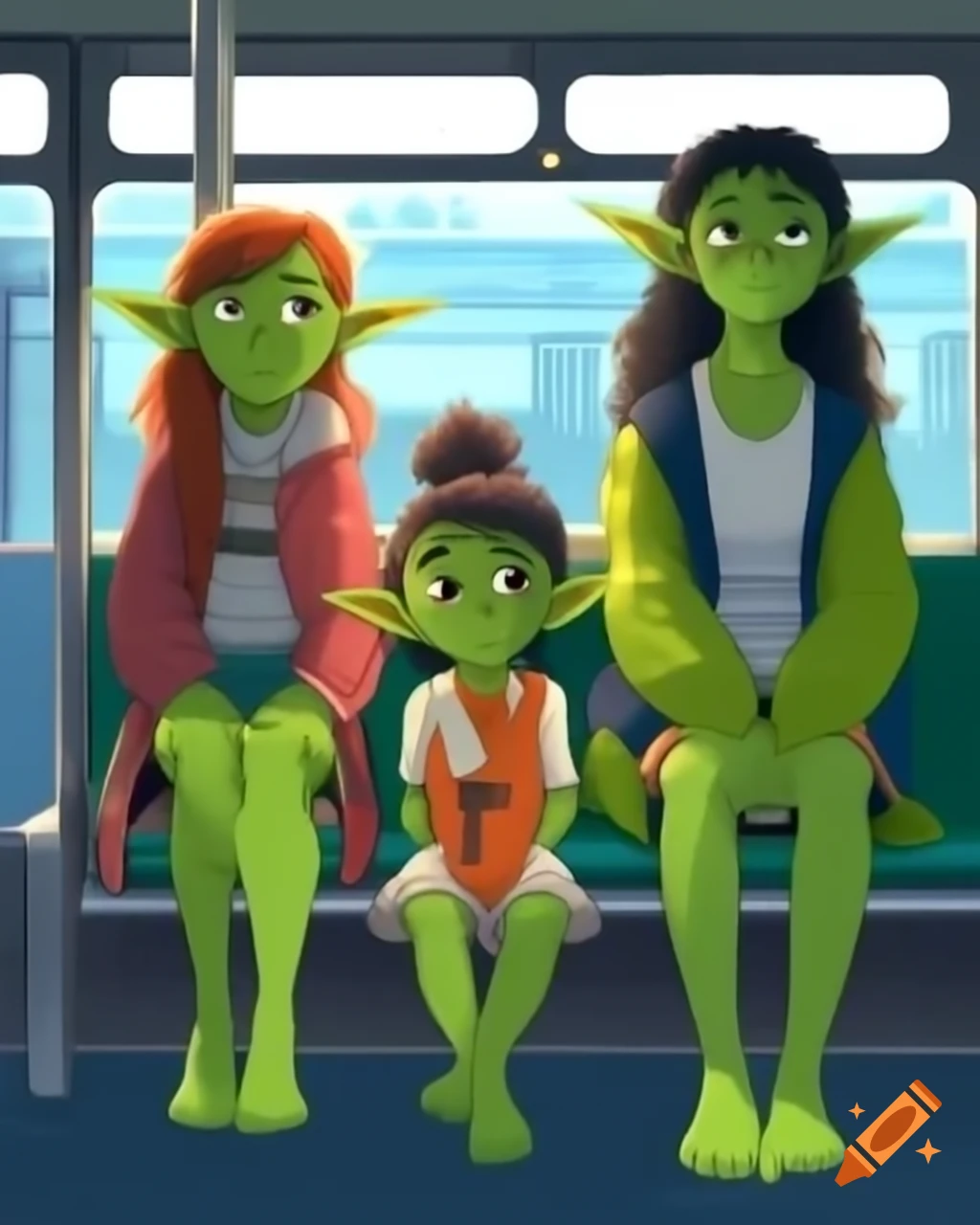 Anime goblin girls in streetwear sitting at busy bus stop on Craiyon