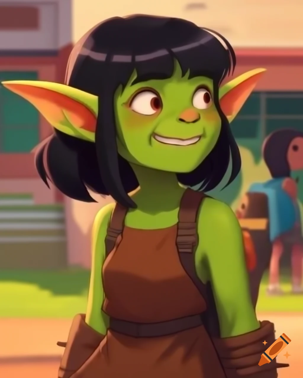 Cheerful green-skinned goblin talking to friend in front of school ...