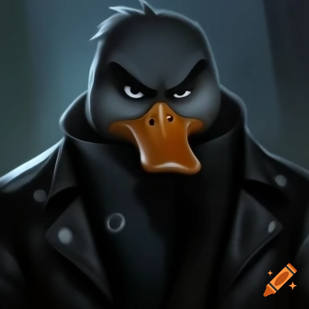 Angry duck in black leather trench coat, eye patch and scar on beak on ...