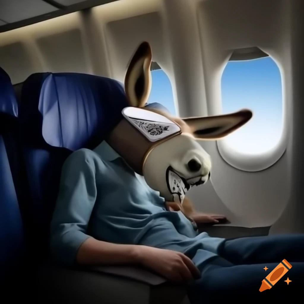 Shrek flying in a plane shaped like a donkey on Craiyon