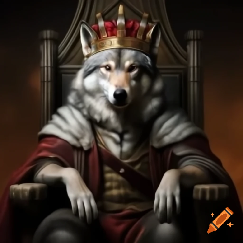Wolf wearing a crown seated on a throne, depicting majesty on Craiyon