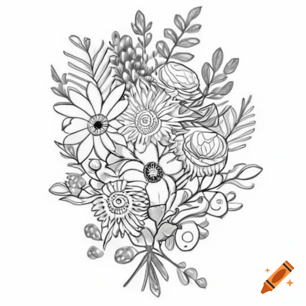 Black and white illustration of a bouquet of flowers with varying line ...