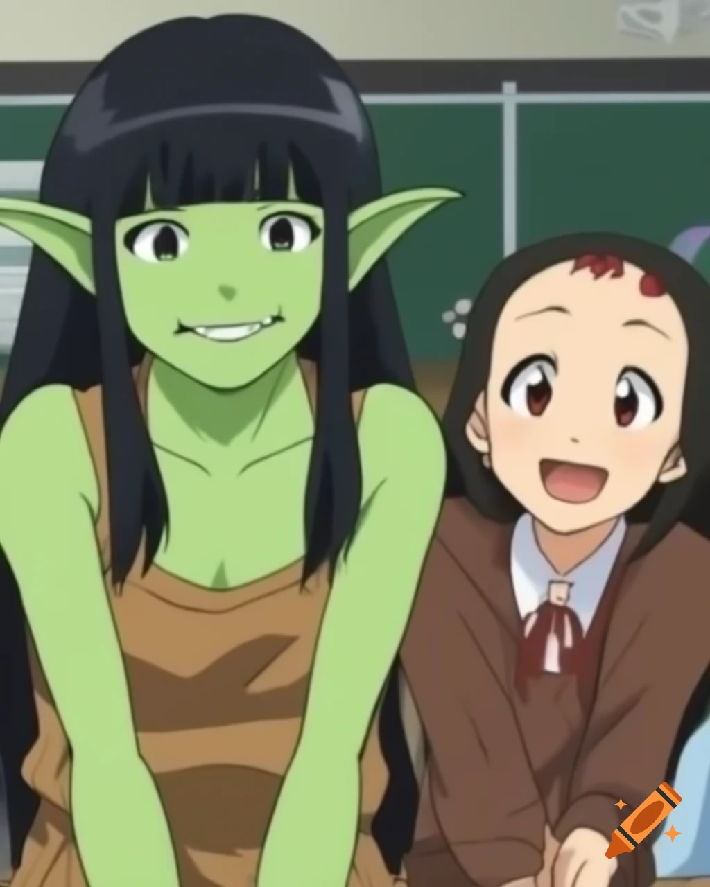 Cheerful green-skinned goblin with black hair and friend in front of a ...