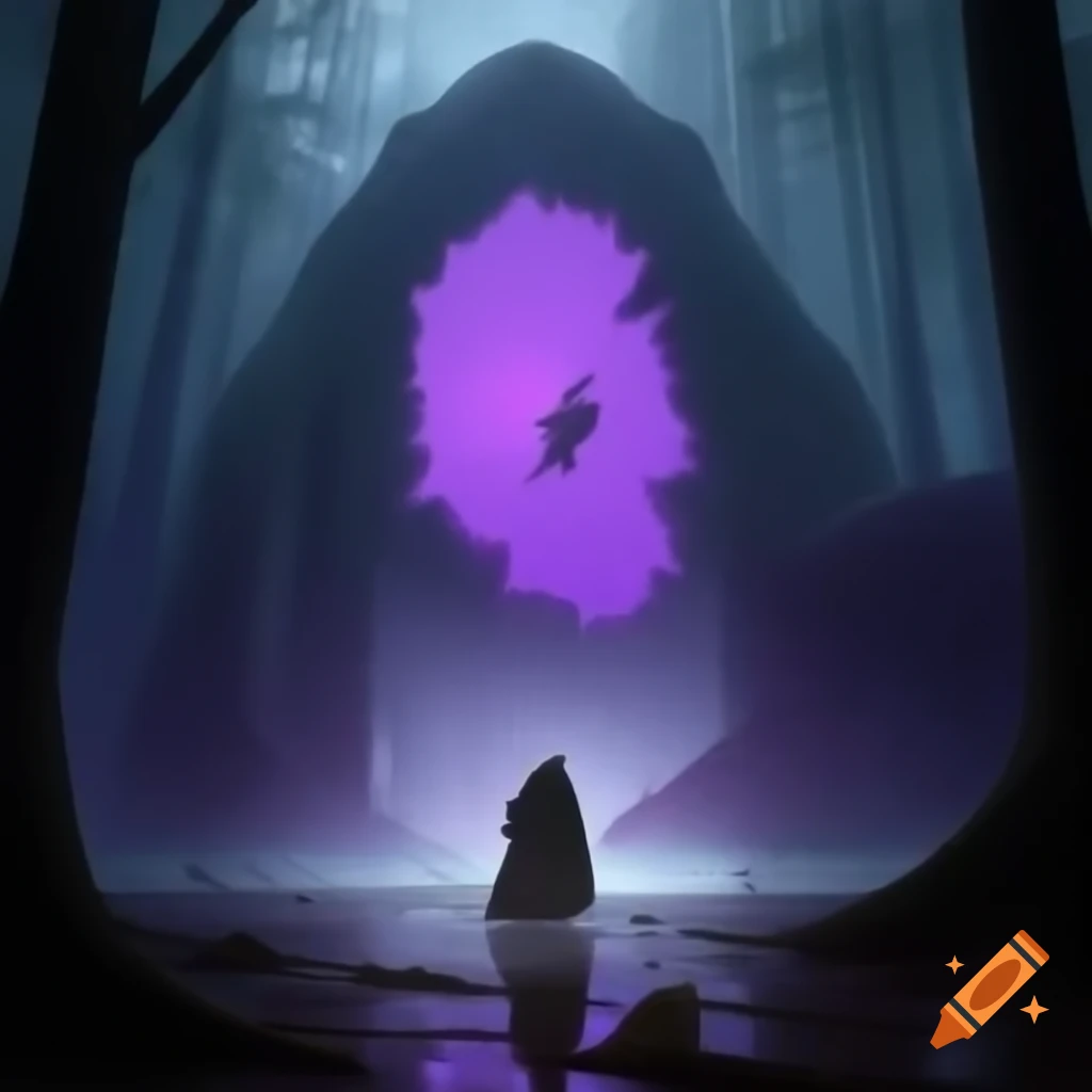 Lone figure in tattered cloak before colossal broken mirror in foggy ...