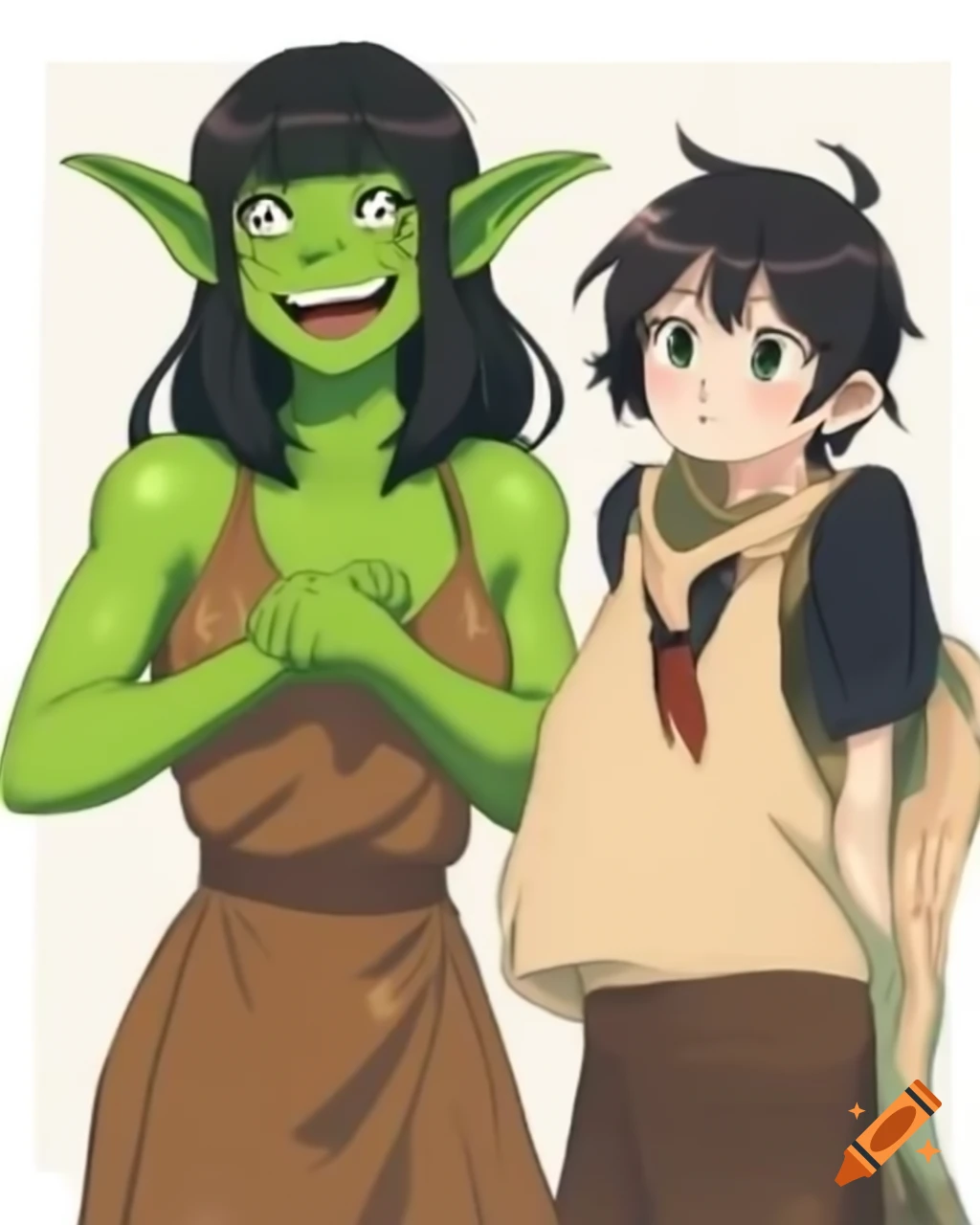 Cheerful green-skinned goblin with black hair and friend in front of a ...